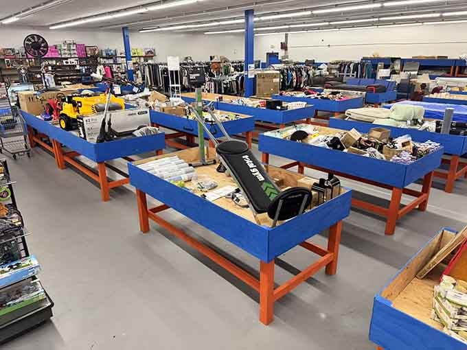 Those blue bins are treasure chests waiting to be explored by savvy shoppers with adventure in their hearts.