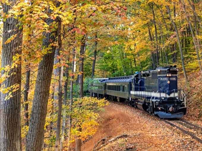 The Colebrookdale Railroad winds through autumn's golden glory like a scene from your favorite childhood storybook.