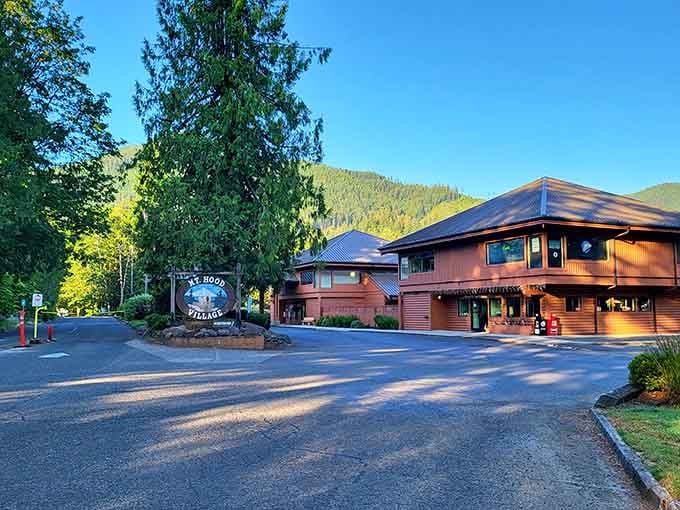 The welcoming entrance to Mt. Hood Village, where mountain peaks provide the backdrop and adventure checks in for an extended stay.