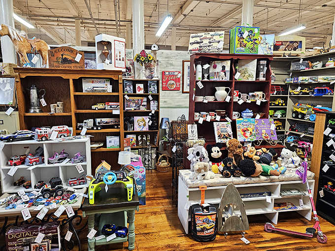 Shelves brimming with treasures from stuffed animals to vintage pitchers create a collector's fever dream come true.