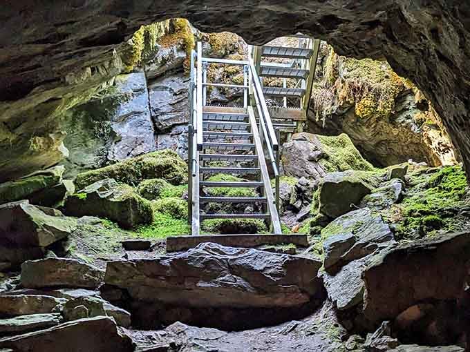 Those metal stairs leading into the earth aren't intimidating at all, said no one ever with weak knees.
