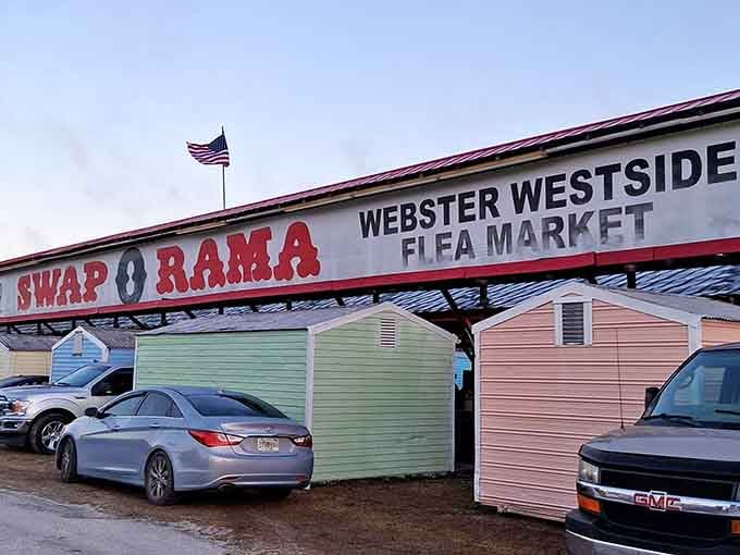 The Swap-O-Rama sign towers over the market like a beacon of hope for Monday morning treasure hunters everywhere.