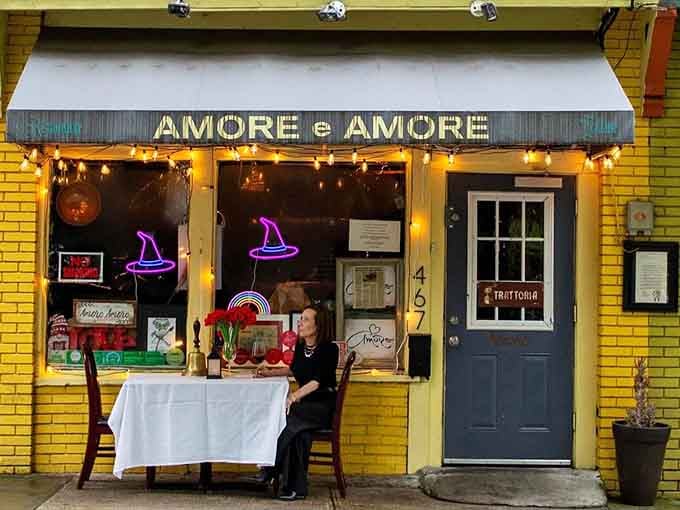 That vibrant yellow and glowing lights lead you to a quirky, cozy spot full of charm.