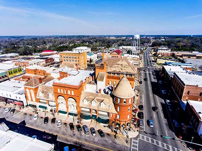 Downtown Americus from above looks like someone built a Victorian postcard and forgot to add the traffic jams.