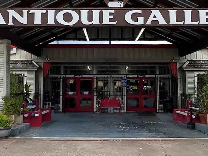 That welcoming entrance promises hours of treasure hunting under those dramatic Texas skies and rustic beams overhead.