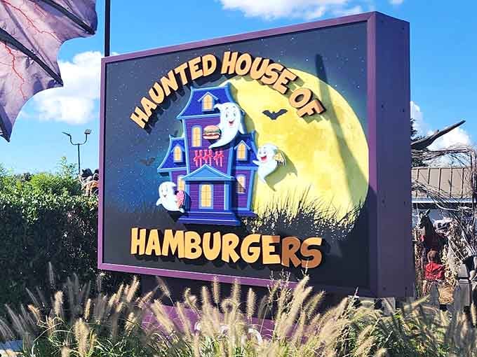 That sign isn't kidding around - this is where Halloween decided to set up permanent residence and start flipping burgers.