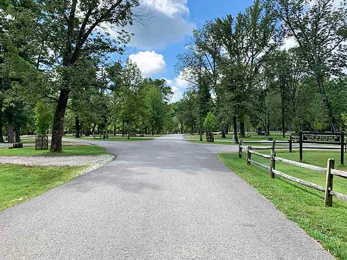 The campground roads wind through towering trees that have witnessed centuries of Indiana history unfold beneath their branches.