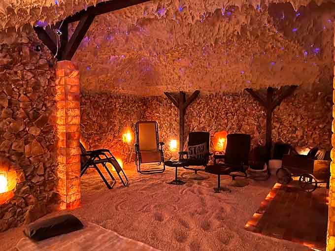The main salt cave radiates like a Himalayan sunset, complete with zero-gravity chairs that basically hug your entire body.
