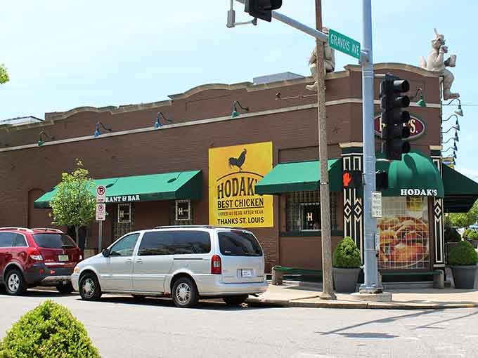 That green awning and yellow chicken sign are your beacon to fried chicken paradise on Gravois Avenue.
