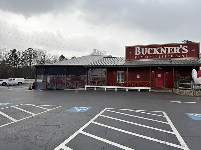 That red barn-style building with the giant rooster out front isn't subtle about its mission: serious fried chicken awaits inside.