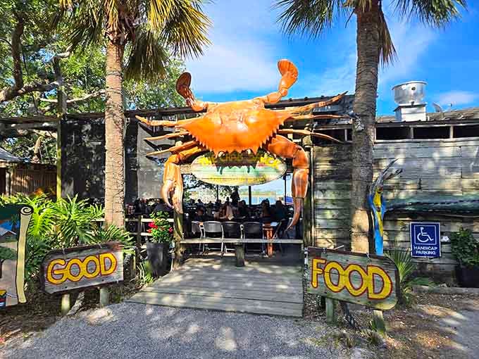 That giant orange crab isn't just decoration, it's a promise of the crustacean paradise waiting inside.