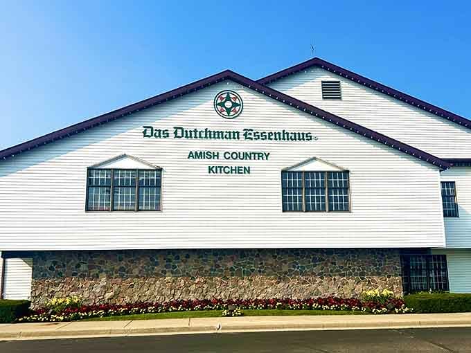 That white barn-style building isn't just charming architecture, it's your gateway to comfort food paradise in Amish Country.
