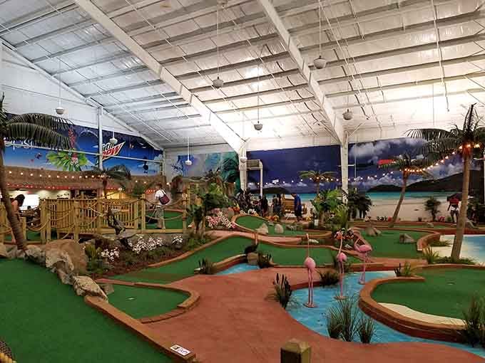 Mini golf with a tropical twist, because putting is better when there are fake palm trees involved.