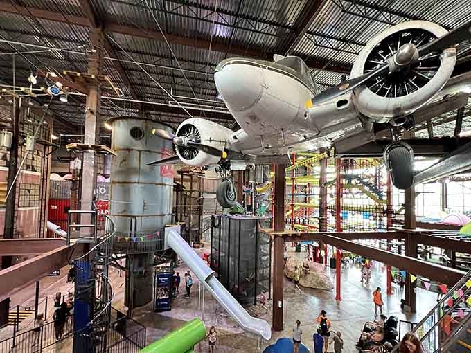 Vintage planes suspended overhead while you navigate obstacle courses below&mdash;because normal gyms are boring.