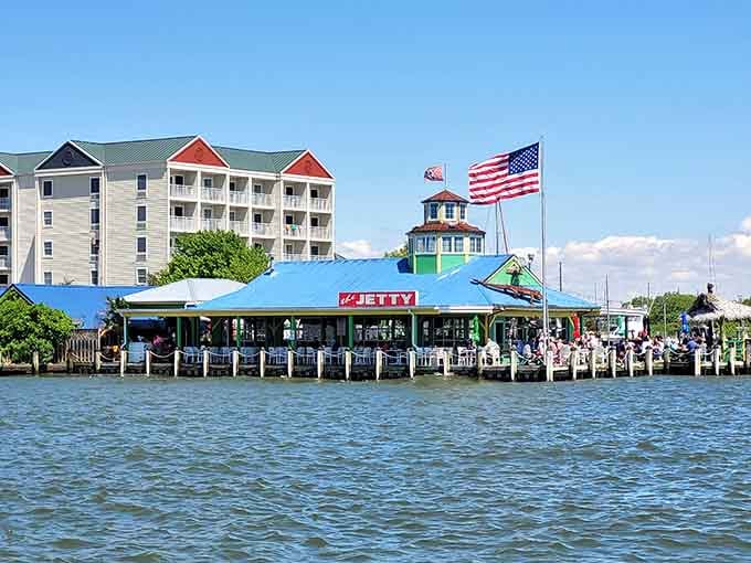 That bright blue roof isn't just for show; it's a beacon calling you to crab paradise on the water.