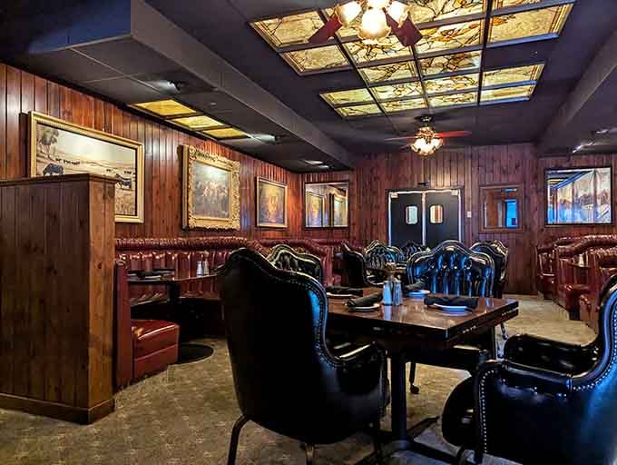Rich mahogany tones and plush seating set the stage for what's about to be a very memorable meal.