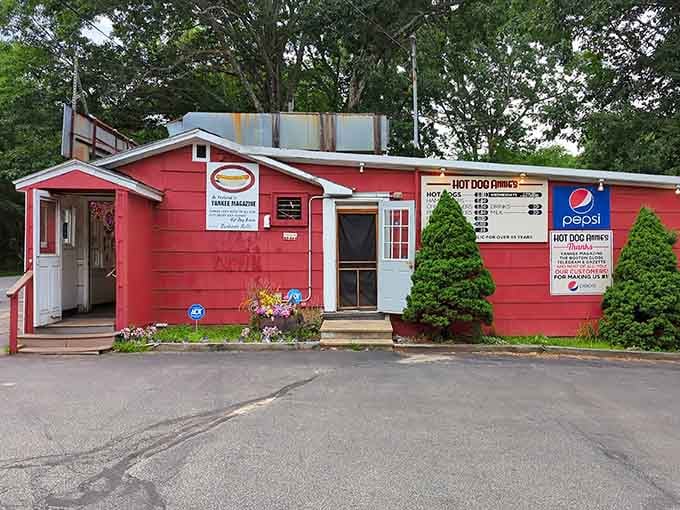 That cheerful red building isn't a mirage, it's your ticket to hot dog heaven on Route 9.