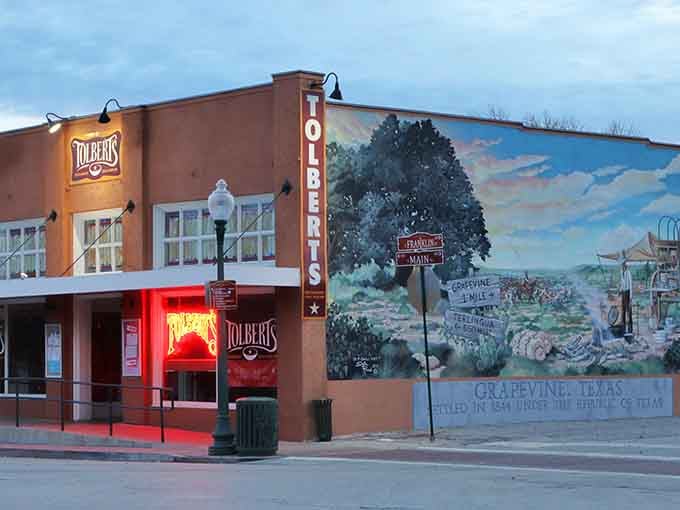 That distinctive orange exterior and historic mural make this chili parlor impossible to miss in downtown Grapevine.