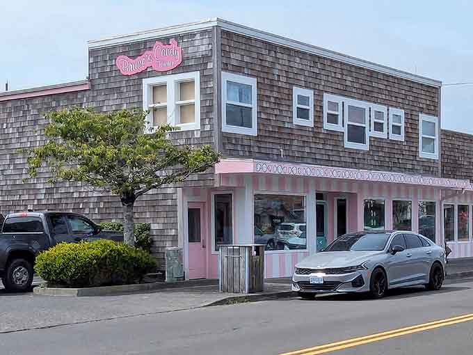 That pink and white striped awning against weathered shingles proves happiness comes in cheerful coastal packaging.