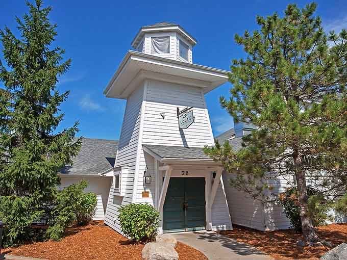 That lighthouse tower isn't just for show; it's your beacon guiding you to lakeside dining paradise in Waconia.