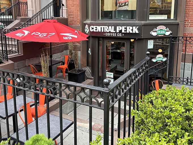 Even the outdoor seating knows how to commit to the bit with those perfectly placed orange chairs.