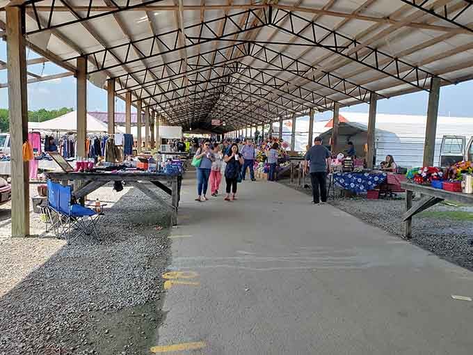 Wide concrete walkways and that impressive pavilion roof mean your vintage finds stay dry while you stay comfortable.