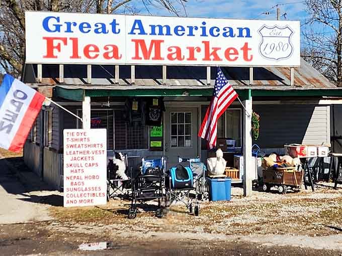 That classic sign and American flag combo tells you everything: this is where treasure hunting becomes a patriotic duty.
