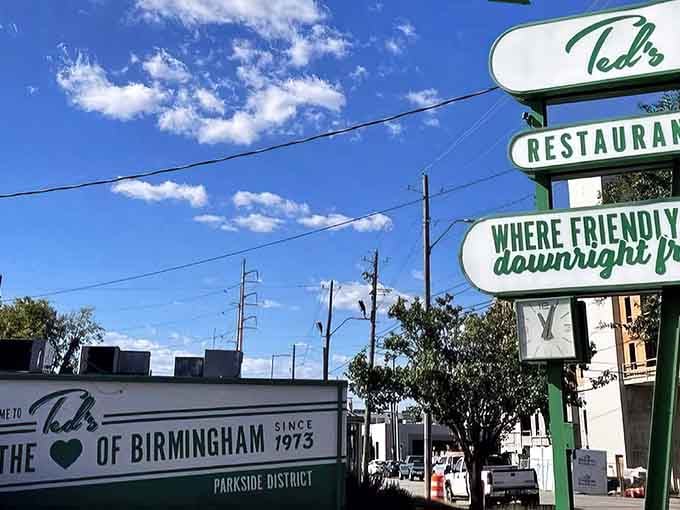 That vintage green and white sign isn't just pointing you toward food&mdash;it's pointing you toward happiness.