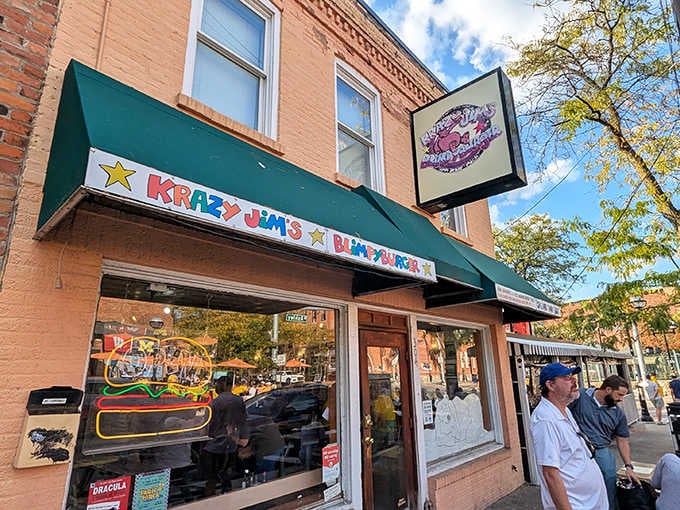 That colorful awning isn't trying to be ironic or vintage, it's just authentically, gloriously itself.