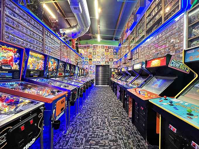 The endless corridor of pinball tables and arcade games stretches like a neon-lit tunnel to your childhood dreams.