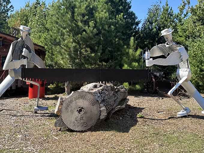 These lumberjack sculptures prove that even metal men appreciate the simple pleasure of a good old-fashioned crosscut saw competition.