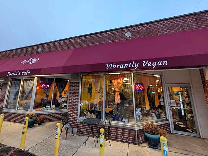 That burgundy awning isn't just decoration—it's a beacon calling you to plant-based paradise in Columbus.