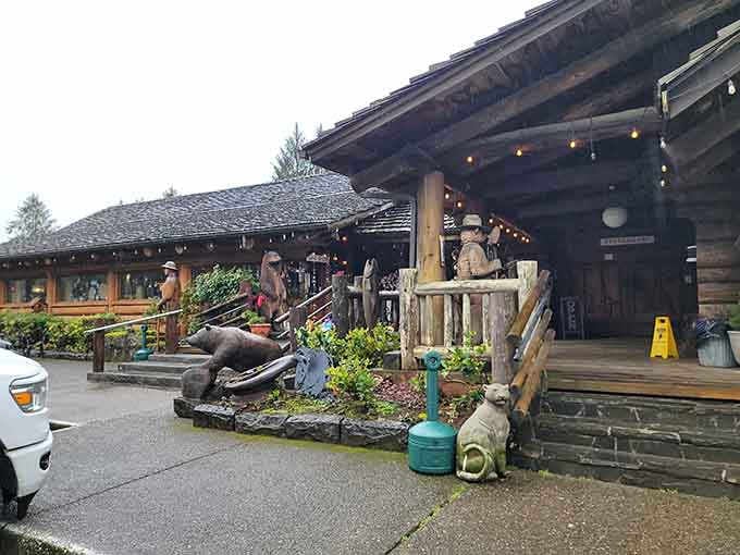 Vintage logging equipment decorates the entrance like a museum exhibit, except this one serves pancakes and doesn't charge admission.