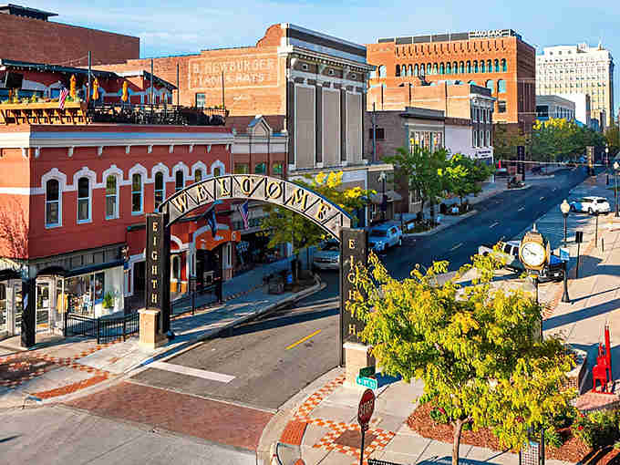 Downtown St. Joseph's charming pedestrian bridge frames a streetscape that looks like it escaped from a better era entirely.