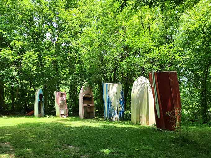 The full lineup reveals the playful genius behind BoatHenge, where old boats find new purpose standing tall against Columbia's green backdrop.
