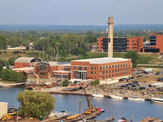 An aerial view reveals the museum's prime waterfront real estate, with the legendary Niagara docked right outside like a celebrity guest.
