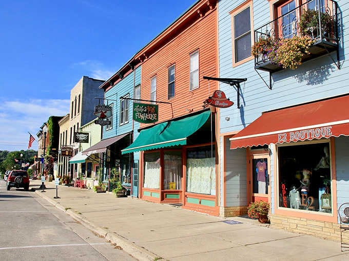Colorful buildings with flower boxes prove small towns don't need corporate chains to have serious downtown charm and character.