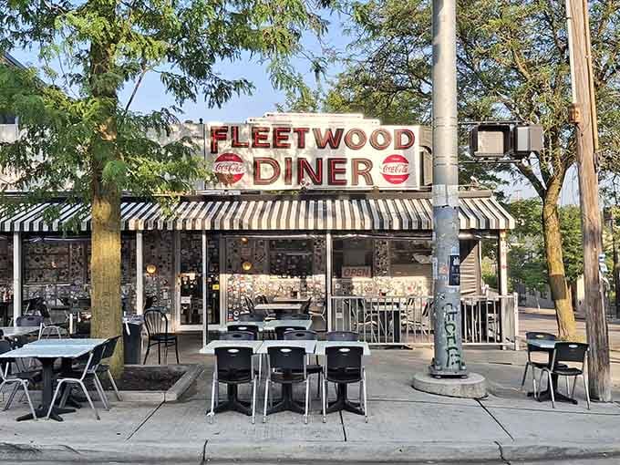 Classic striped awnings and outdoor seating make Fleetwood the perfect spot for people-watching between hash brown bites.