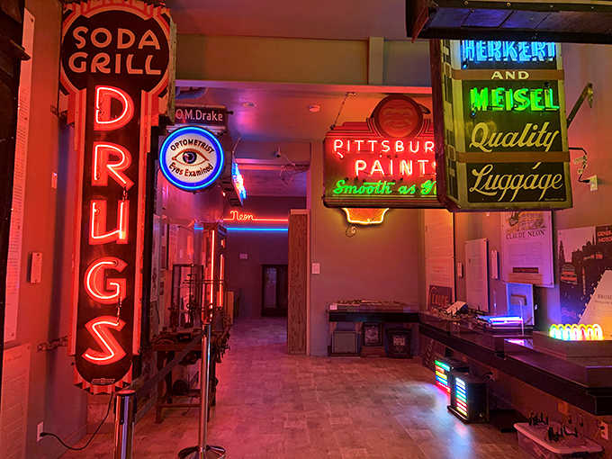 Stepping into this glowing wonderland feels like entering a time machine powered by noble gases and pure nostalgia.