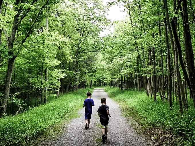 Two young explorers disappear into a tunnel of green, where adventure waits around every sun-dappled bend.