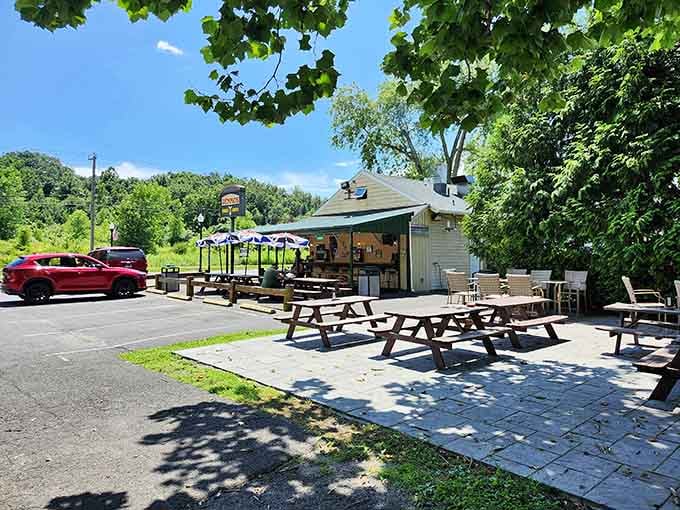 Picnic tables under leafy canopies prove that the best dining rooms don't need walls, just good food and sunshine.