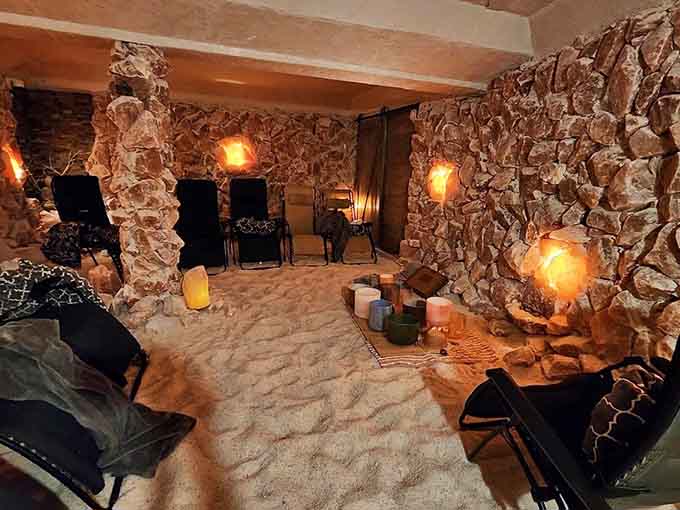 Step into this glowing sanctuary where Himalayan salt walls create an otherworldly atmosphere that soothes before you even sit down.