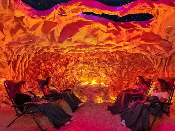 The main salt cave glows like a sunset captured in crystal, inviting you to breathe deeply and relax.