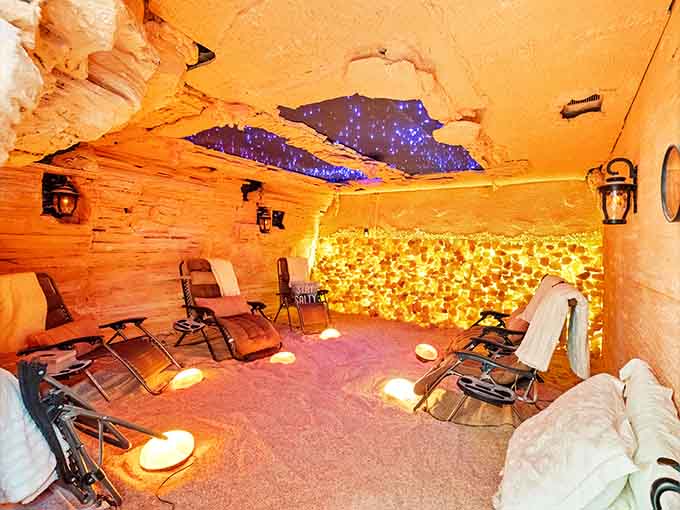 Step into this serene salt cave and let your stress melt away in the calming ambiance.