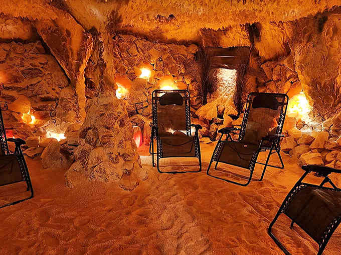 Those glowing amber walls aren't just pretty, they're tons of Himalayan salt ready to work their magic.