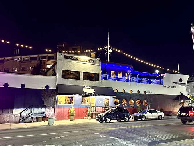 When a restaurant commits to the nautical theme, it really commits. This ship has permanently docked on dry land.