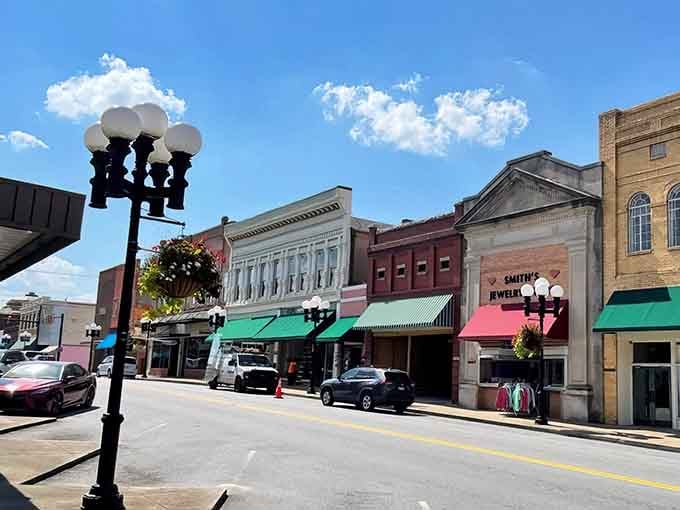 Those historic storefronts aren't a theme park attraction; they're the real deal, complete with actual businesses inside.