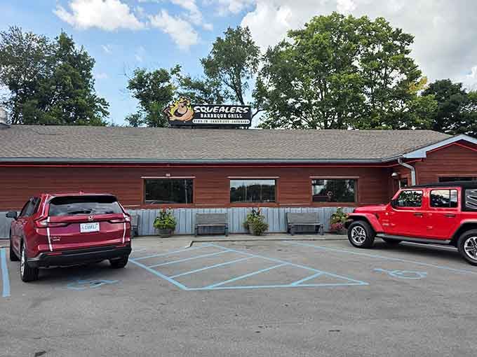That cheerful pig sign knows exactly what's waiting inside, and so does your suddenly very alert stomach.