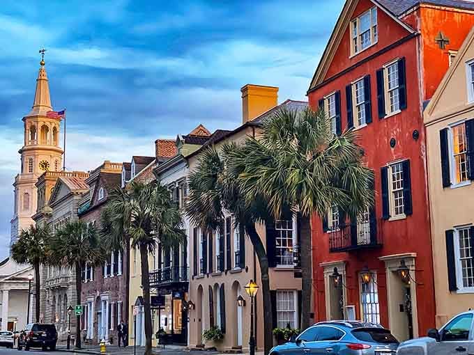 Palm trees frame historic facades in a scene that proves you don't need a beach to have coastal elegance.