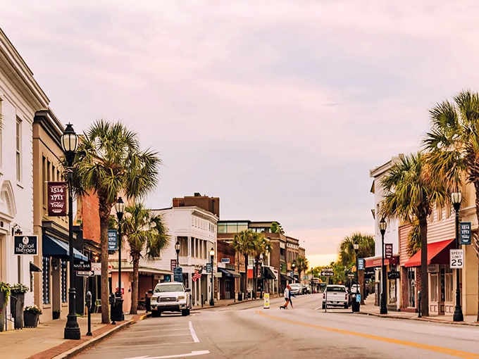 That sunset glow hits different when it's painting historic storefronts and swaying palmettos in buttery light.